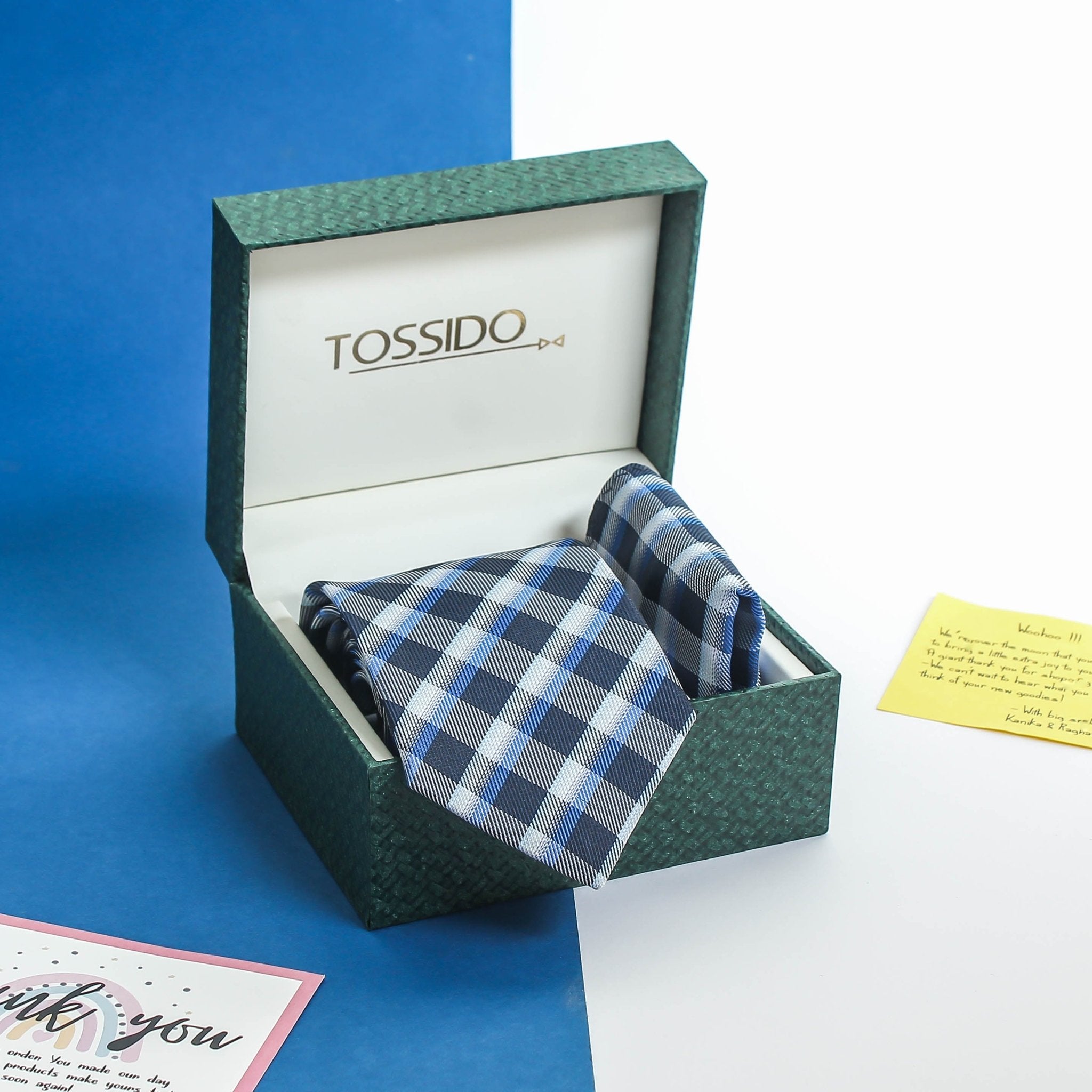 Blue Check Necktie & Pocket Square Giftset