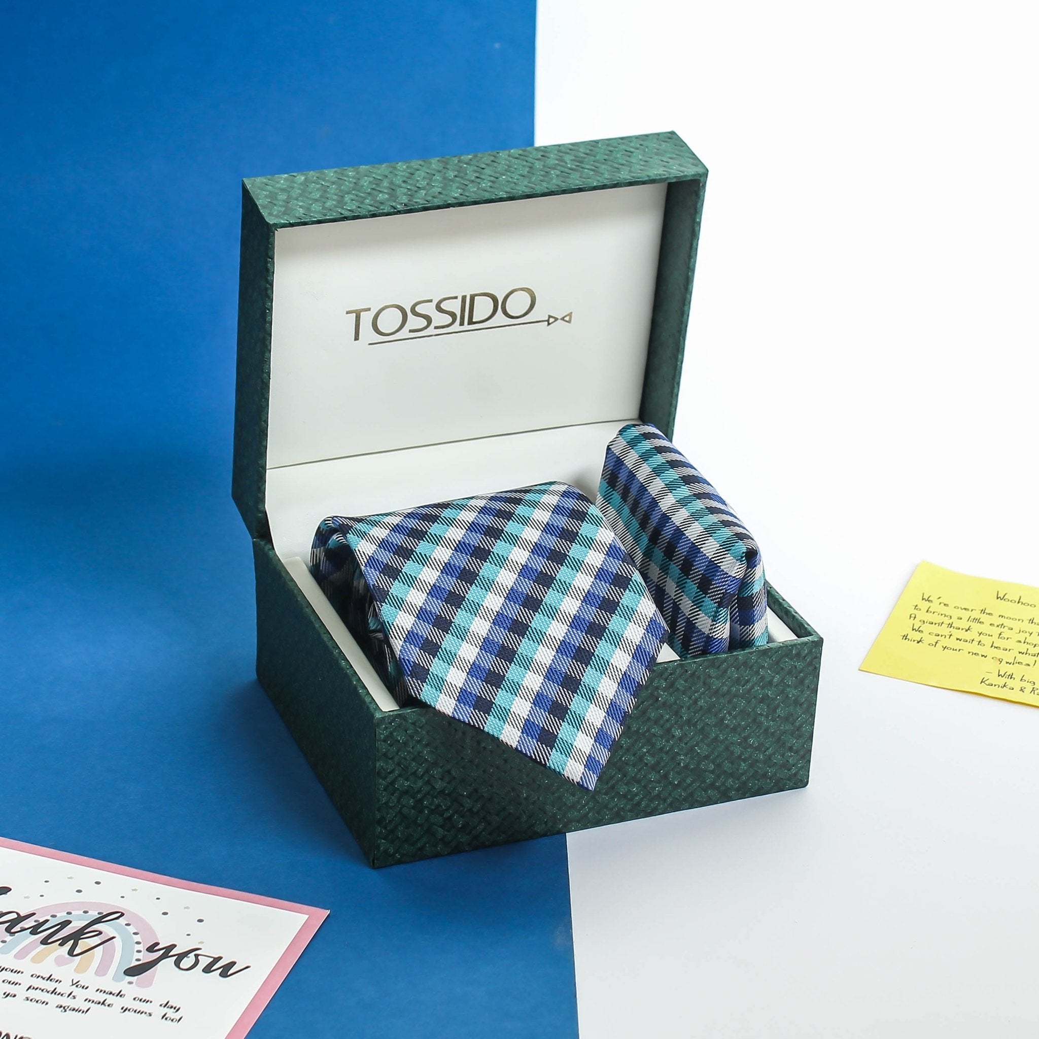 Blue Check Necktie & Pocket Square Giftset