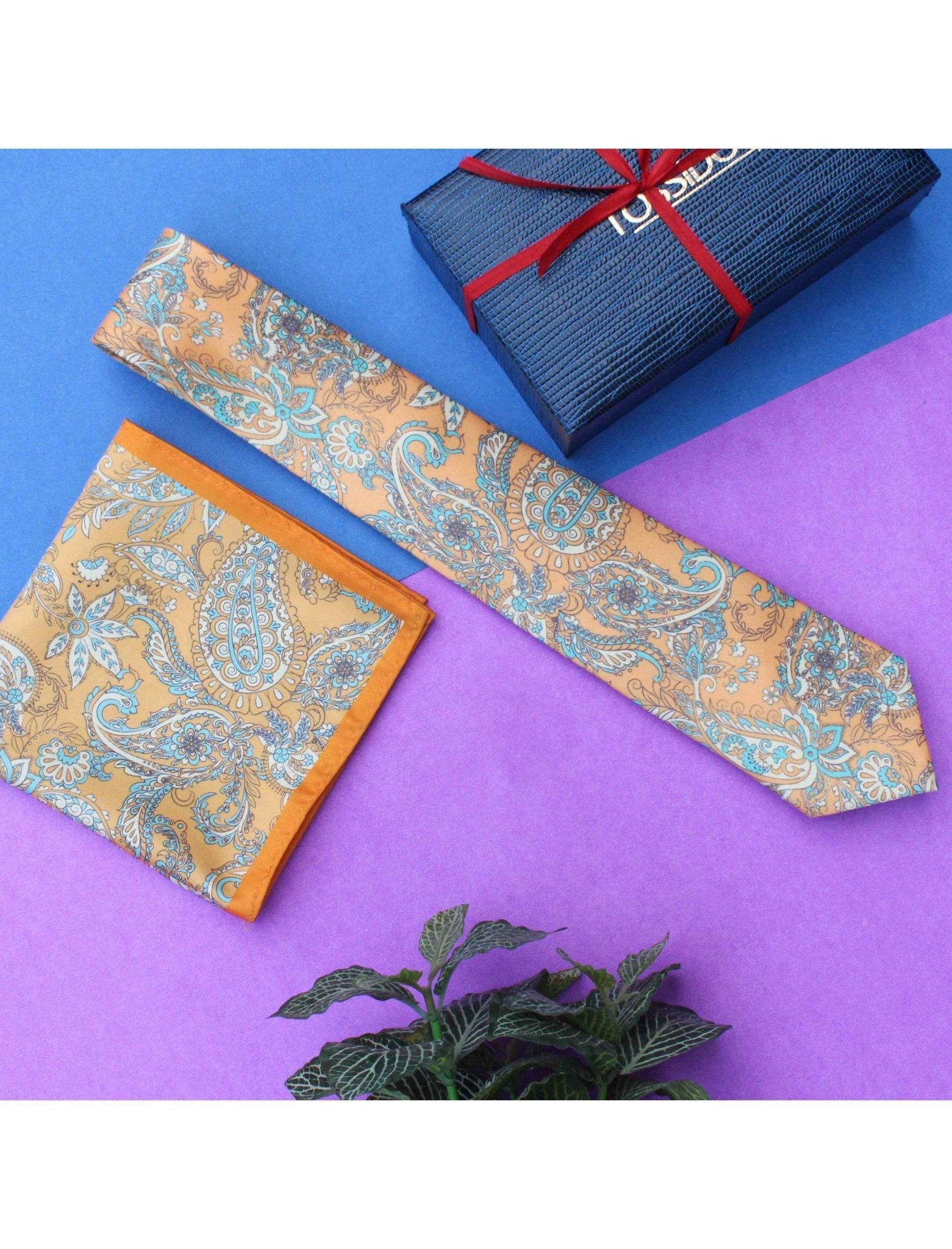 Mustard Floral Printed Necktie & Pocket Square Giftset